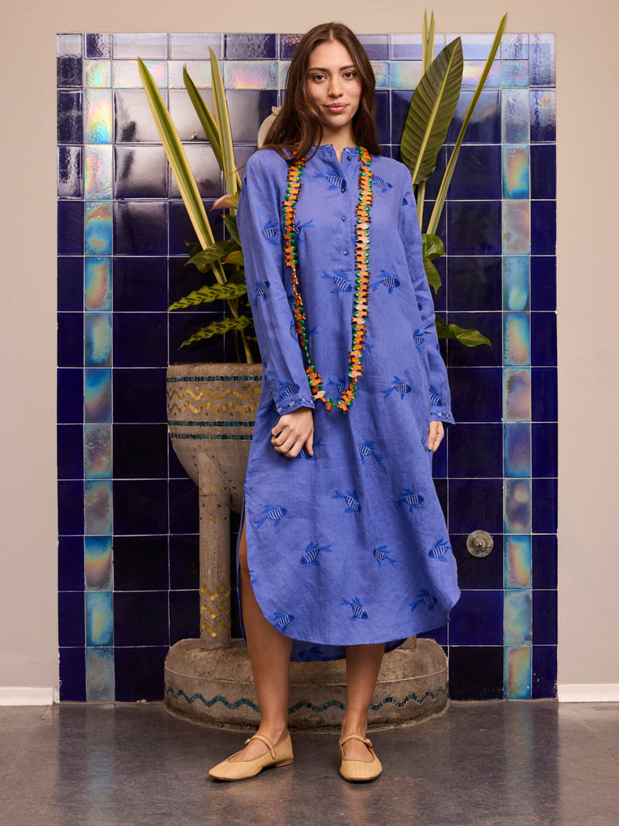 Cedar Kaftan Fish on Blue - Nimo with Love – Nimo With Love